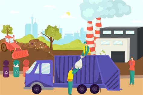 폐기물 재활용 공장 벡터 일러스트 레이 션 환경 식물 기술 개념 플랫에서 쓰레기 쓰레기 프리미엄 벡터