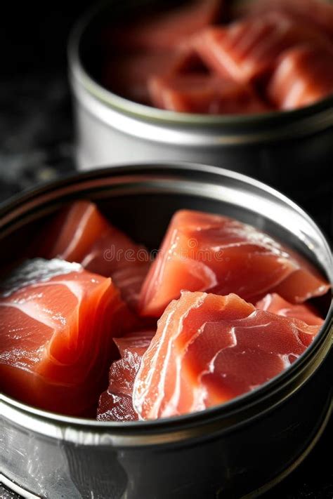 Production Of Canned Fish Tin Cans Of Fish On The Conveyor Stock
