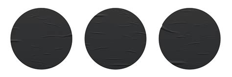 흰색 배경에 격리 된 둥근 검은 색 스티커를 붙입니다 벡터 사실적으로 구겨진 포스터 번들 젖은 기름을 바른 주름 빈 템플릿