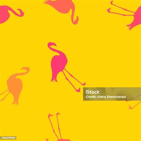 원활한 플라밍고 패턴 벡터 일러스트레이션 마젠타 플라밍고 패턴 노란색 배경입니다 여름 배경 화면 배경 만화 벡터 일러스트 레이션 귀여운에 대한 스톡 벡터 아트 및 기타