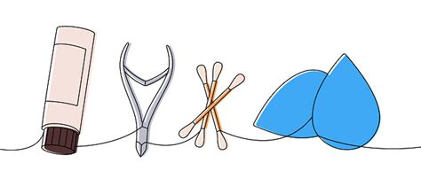 미용 도구 한 줄 컬러 연속 그리기 화장품 크림 손톱 집게 면봉 메이크업 스폰지 연속 한 줄 그림 귀 부분에 대한 스톡 벡터 아트 및 기타 이미지 Istock