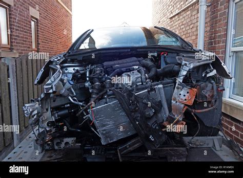 Engine And Engine Bay And Written Off Front End In Crash Damaged Citroen C Car On A Recovery