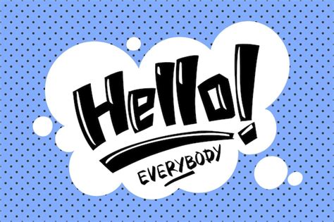 안녕하세요 여러분 단어 대담한 질감 문자 디자인 템플릿 타이포그래피 벡터 배경 수제 서예 만화 스타일 카드 인쇄 스티커 소셜 미디어용 디자인 프리미엄 벡터