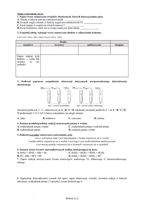 Karta pracy kl podst Tlenki wodorotlenki kwasy Napisz wzory sumaryczne związków