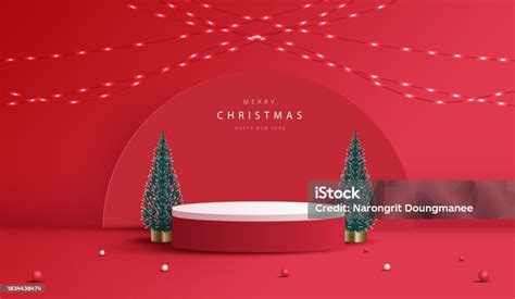 크리스마스 또는 새해를 위한 쇼 화장품 전시를 위한 연단 모양 나무 크리스마스 황금 공 및 빛을 가진 빨간 배경에 서 제품 진열장 벡터 디자인 겨울에 대한 스톡 벡터 아트