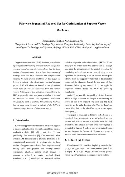 Pdf Pair Wise Sequential Reduced Set For Optimization Of Support Vector Machines