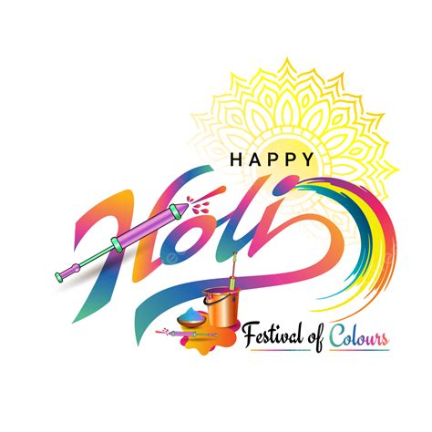 Happy Holi Calligraphy Lettering With Pichkari And Color Bucket Happy
