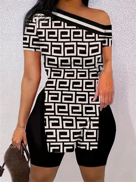 캐주얼 봄 여름 투피스 세트 스플릿 그리스 프린트 탑 솔리드 허리 반바지 의상 여성 의류 Temu Republic Of Korea