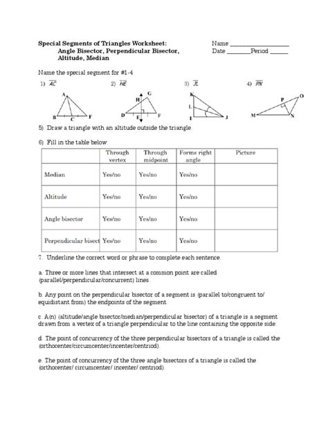 Quiz And Worksheet Median Altitude And Angle Bisectors Of A Worksheets Library