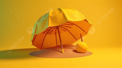 활기찬 노란색 배경과 3d 우산으로 해변에서 화창한 날의 디지털 묘사 해변 배너 여름 수영장 바다 깃발 배경 일러스트 및