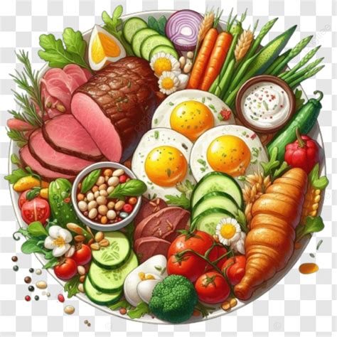 접시에 고기와 계란을 곁들인 샐러드의 3d 사진 샐러드의 3d 사진 접시에 고기와 계란을 얹은 음식 Png 일러스트 및