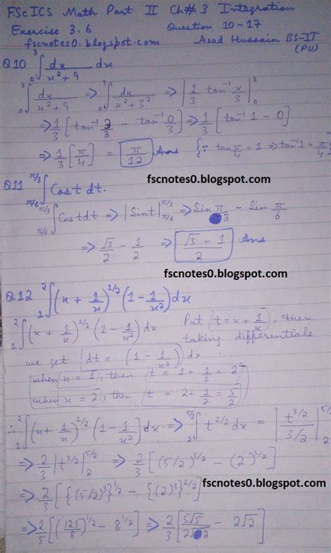 Fsc Ics Notes Math Part 2 Chapter 3 Integration Exercise 36 Question 10 17