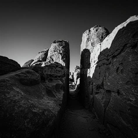 Narrow Passageway Between Towering Rock Formations In A Black And White Stock Illustration