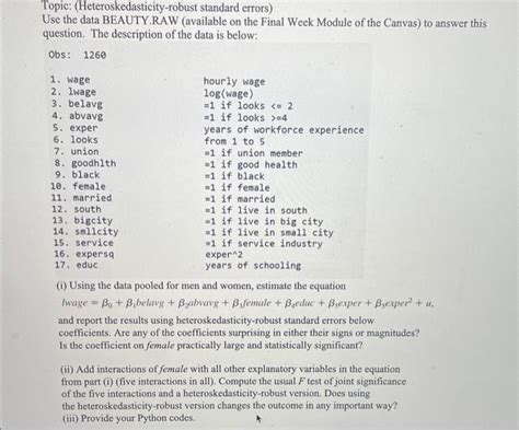 Solved Topic Heteroskedasticity Robust Standard Errors