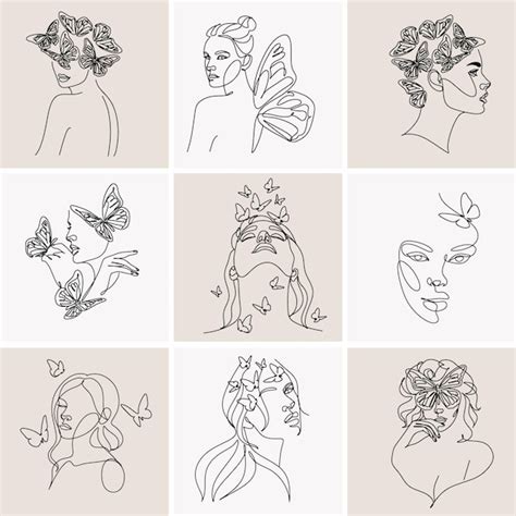 한 선 그리기로 나비와 추상 얼굴 초상화 최소한의 스타일 식물 인쇄 화장품의 자연 상징 현대 연속 라인 아트 패션 인쇄 Beaty 살롱 아트 캔버스 인쇄 프리미엄 벡터