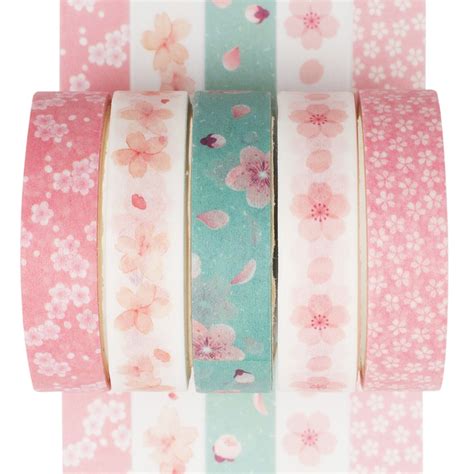 Yubx Aesthetic Thin Pink Sakura Washi Tape Set 5 Rolls Creative Basic