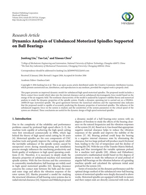 Pdf Dynamics Analysis Of Unbalanced Motorized Spindles Supported On Ball Bearings