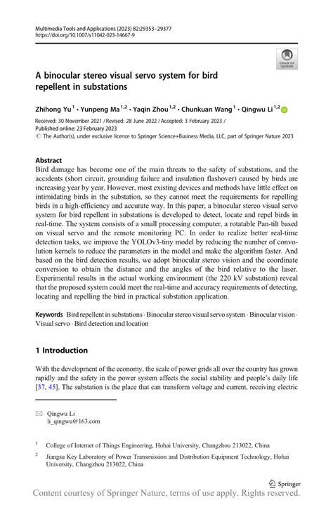 A Binocular Stereo Visual Servo System For Bird Repellent In Substations Request Pdf