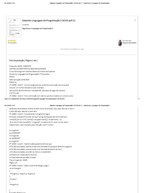 gabarito linguagem de programação ii 26105 pdf 1 algoritmos e