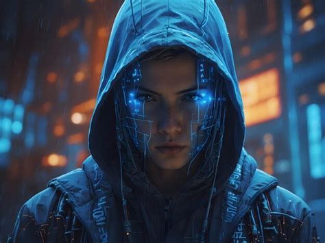 Premium Ai Image Cyber Security Concept With A Futuristic Hacker Wearing A Hoodie Surrounded
