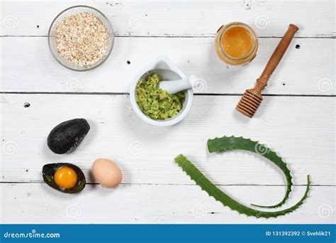 Ingredients For Face Mask Avocado Aloe Vera Egg Oatmeal Honey