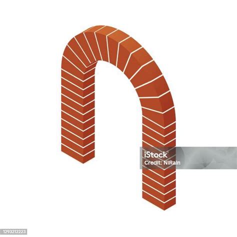 흰색 배경에 격리 된 벡터 일러스트 레드 브릭 아치 등각 보기의 석조 아이콘입니다 플랫 스타일의 다채로운 등색 돌 건축 아치