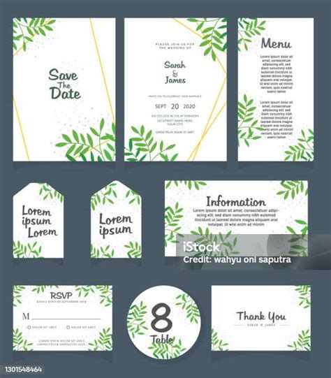 웨딩 초대 벡터 일러스트레이션 집합입니다 카드 템플릿입니다 결혼식 초대장 감사합니다 날짜 메뉴 정보 Rsvp 라벨 테이블 번호 및 장소 카드 디자인을 저장합니다 0명에 대한