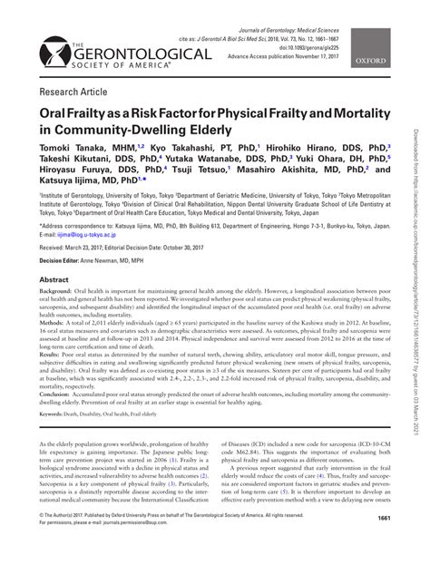 Pdf Oral Frailty As A Risk Factor For Physical Frailty And Mortality