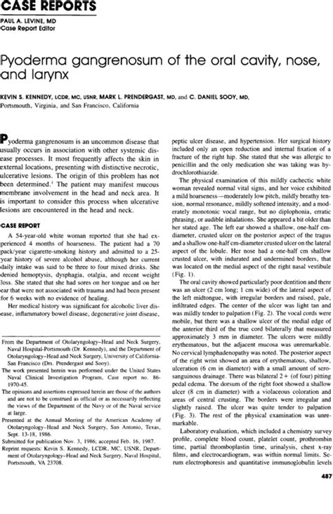 Pyoderma Gangrenosum Of The Oral Cavity Nose And Larynx Levine 1987 Otolaryngology Head