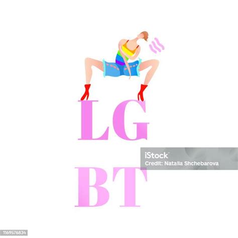 벡터 다채로운 그림 Lgbt 텍스트와 발 뒤꿈치에 유행 게이 남자 플랫 만화 스타일 고립 Lgbt 트랜스젠더 권리 개념 로고 전단지 등에 적용됩니다 개념에 대한 스톡 벡터