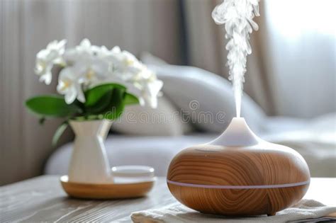 Serene Morning Atmosphere With Aromatherapy Diffuser Releasing Steam By Sunlit Window Stock