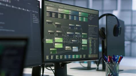 Pc Screens On Server Hub Office Desk Showing Programming Software Close Up Stock Video Video