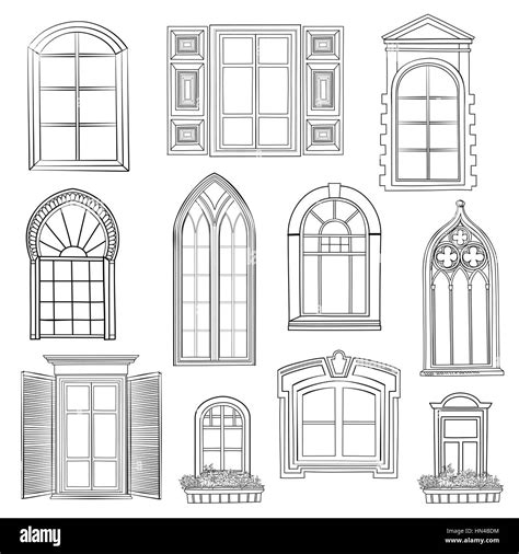 window set different architectural style of windows doodle sketch stylish collection stock