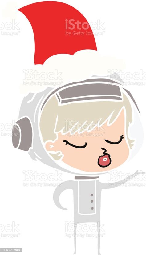 산타 모자를 쓴 예쁜 우주 비행사 소녀의 손으로 그린 평면 컬러 그림 귀여운에 대한 스톡 벡터 아트 및 기타 이미지 귀여운 낙서 드로잉 등장인물 Istock