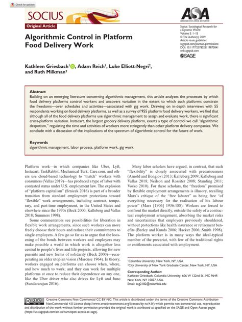 Griesbach Et Al 2019 Algorithmic Control In Platform Food Delivery Work Pdf Employment