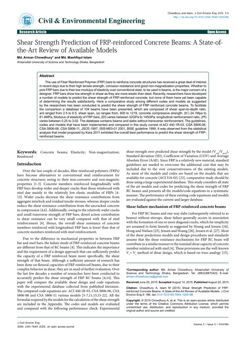 Pdf Shear Strength Prediction Of Frp Reinforced Concrete Beams A State Of The Art Review Of