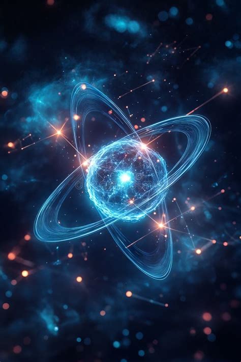 Glowing Atomic Structure With Orbiting Particles In Cosmic Space Stock