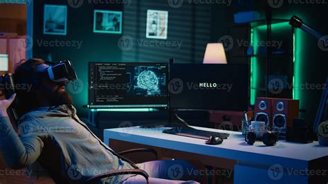 man using vr headset to do programming job getting scared after ai becoming sentient developer