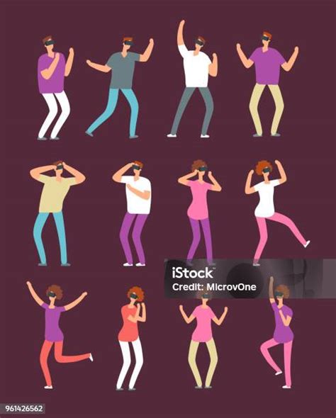 가상 현실 장비와 만화 사람들입니다 Vr 헤드셋 사이버 전투 게임에 있는 남자 그리고 여자 3차원 형태에 대한 스톡 벡터 아트 및 기타 이미지 Istock