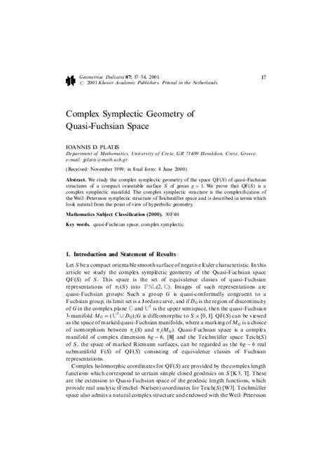 Pdf Complex Symplectic Geometry Of Quasi Fuchsian Space
