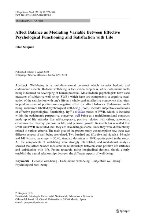 Pdf Affect Balance As Mediating Variable Between Effective
