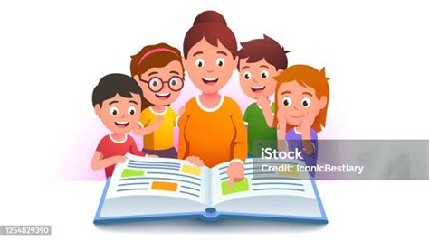 학교 나 유치원 교육 수업에서 주위에 모여 어린이 학생들을 가르치는 큰 책 페이지를 가리키는 교사 여성 독서를 공부하는 흥분한 아이들 플랫 벡터 일러스트레이션 교사 교육