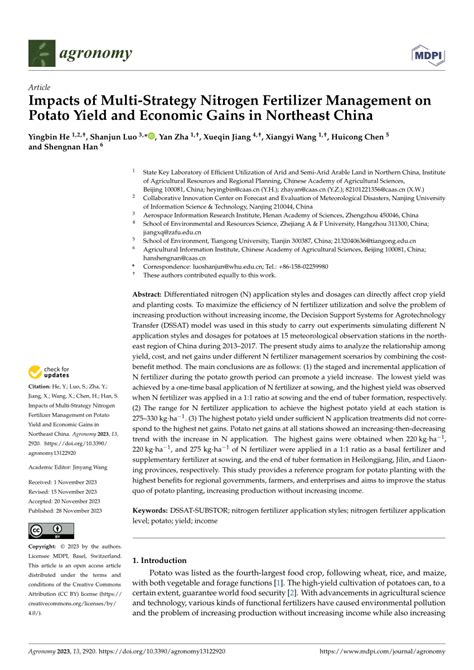 Pdf Impacts Of Multi Strategy Nitrogen Fertilizer Management On Potato Yield And Economic