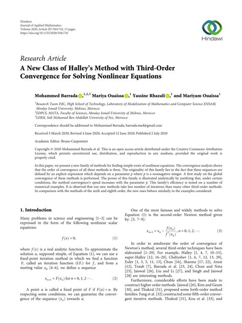 Pdf A New Class Of Halleys Method With Third Order Convergence For Solving Nonlinear Equations