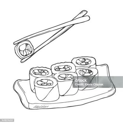 손으로 그린된 만화 스타일 낙서 스시 롤 아이콘 화려한 일본 전통 요리 요리 초밥 아시아 레스토랑 메뉴에 대 한 흰색 배경에 고립 Temaki 벡터 그림 낙서 낙서 드로잉에