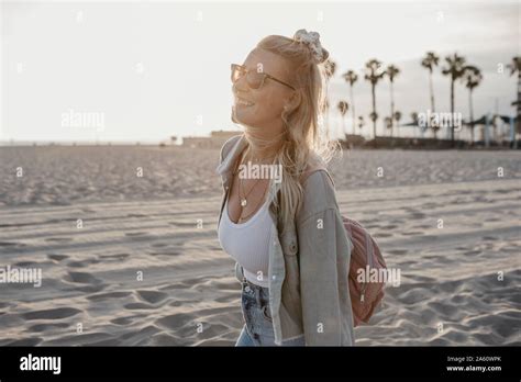 Happy Young Woman On The Beach Venice Beach California Usa Stock