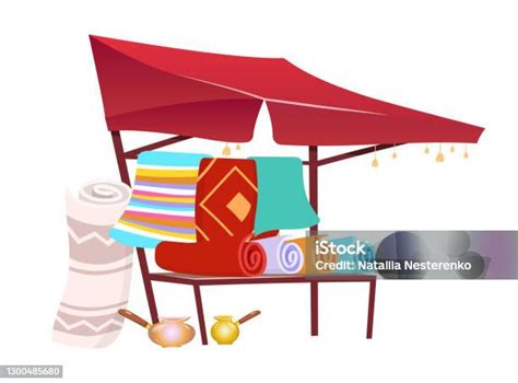 수크 트레이드 텐트와 수제 카펫 만화 벡터 일러스트레이션 동부 시장 차양 기념품캐노피 러그 플랫 컬러 오브젝트 흰색 배경에 고립 된 아시아 페어 윤곽 0명에 대한 스톡 벡터