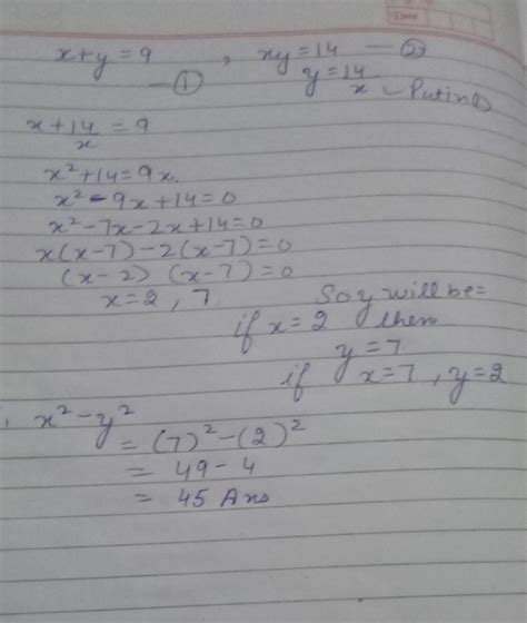 If X Y 9 And Xy 14 Find The Value Of X2 Y2
