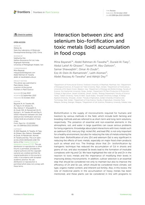 Pdf Interaction Between Zinc And Selenium Bio Fortification And Toxic Metals Loid
