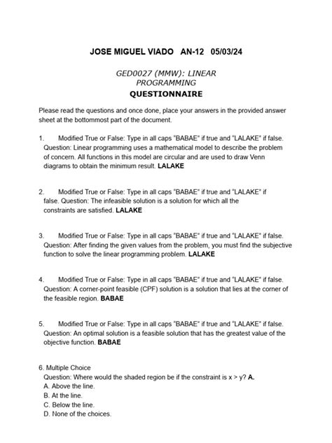 Linear Programming Quiz Questionnaire Mmw Viado Pdf Linear Programming Mathematical